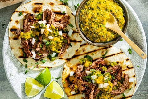 Grilled Skirt Steak Tostadas with Mango Chimichurri | Zallie Family Markets